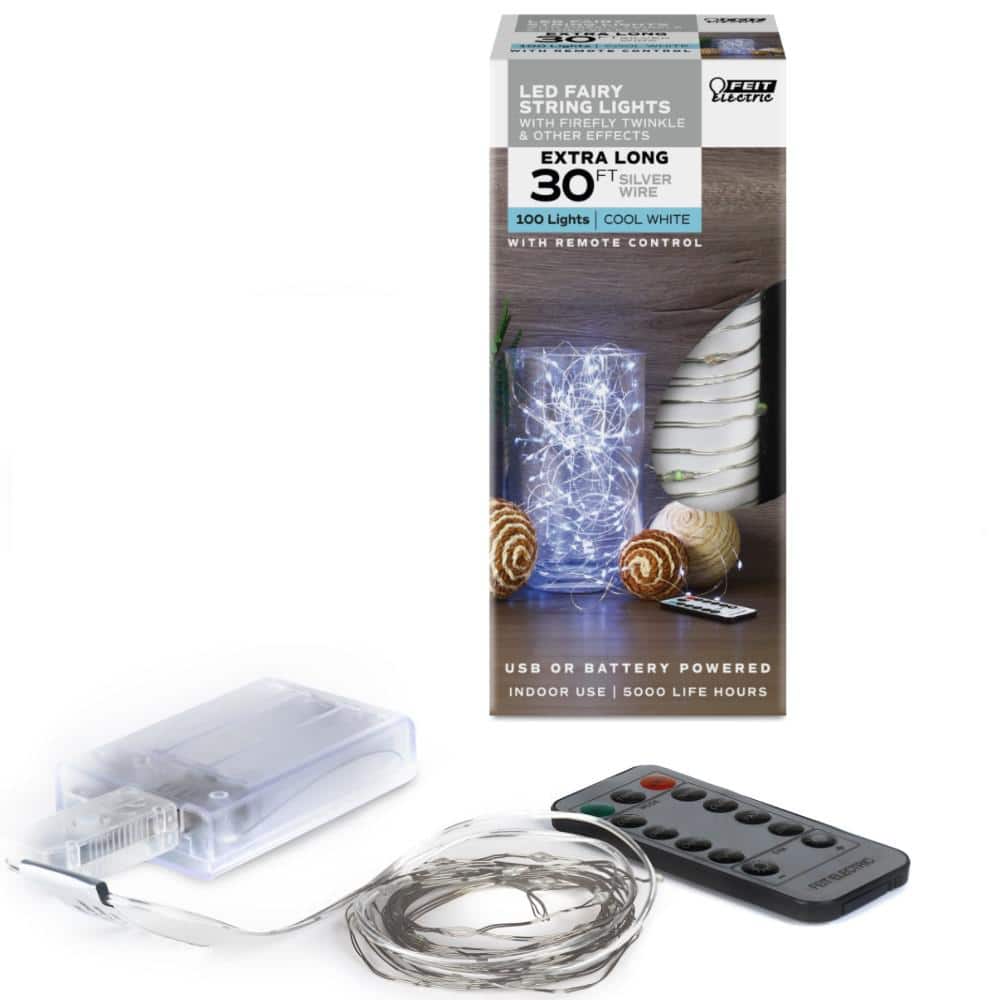 Feit Electric 100-Light 30 ft. Indoor LED Silver Wire Cool White USB or ...