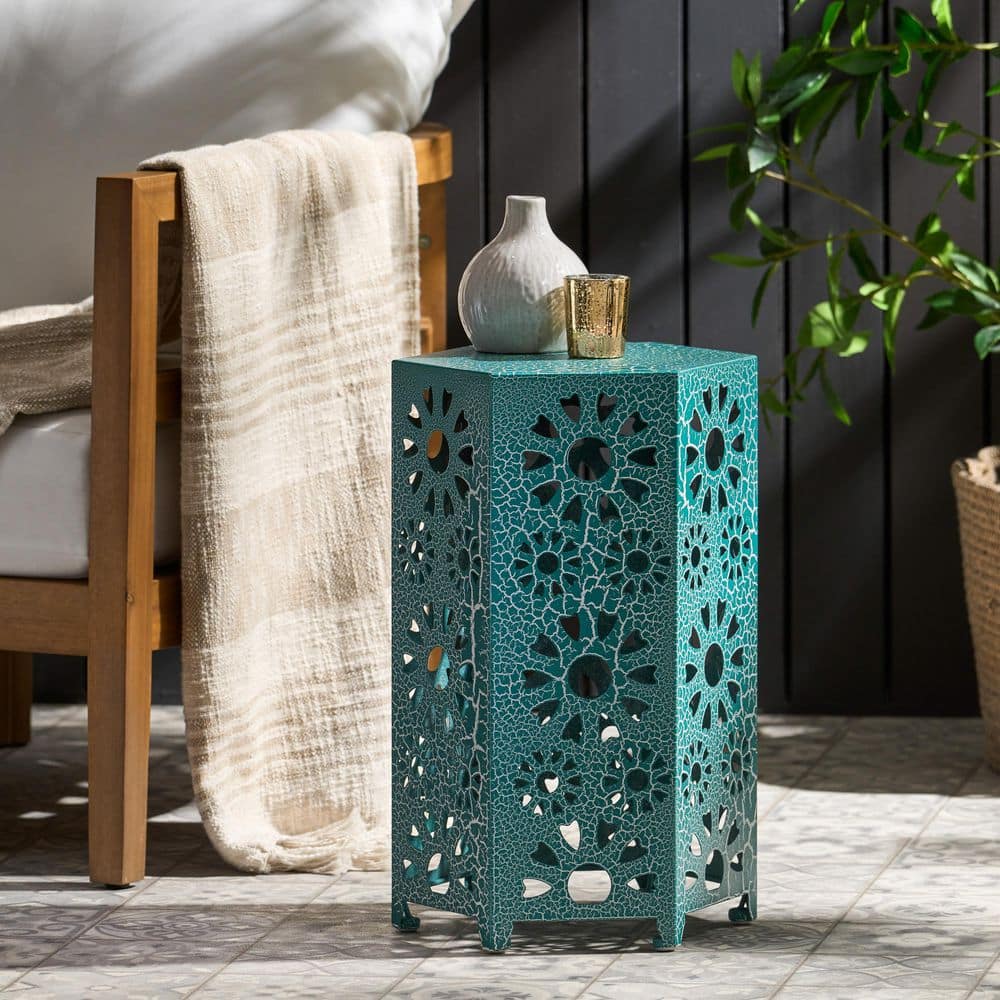 Harper & Bright Designs Hexagonal Prism Teal Iron Outdoor Side Table ...