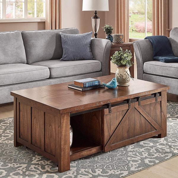 INSPIRE Q 48 in. Brown Rectangle Wood Barn Door Coffee Table With ...