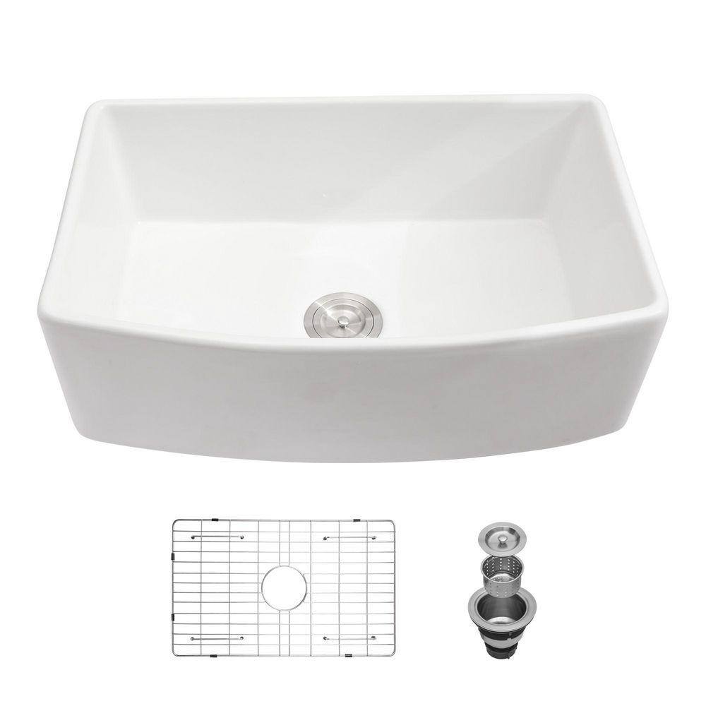 33 in. Fireclay Farmhouse Sink Arch Apron-Front Single Bowl White ...