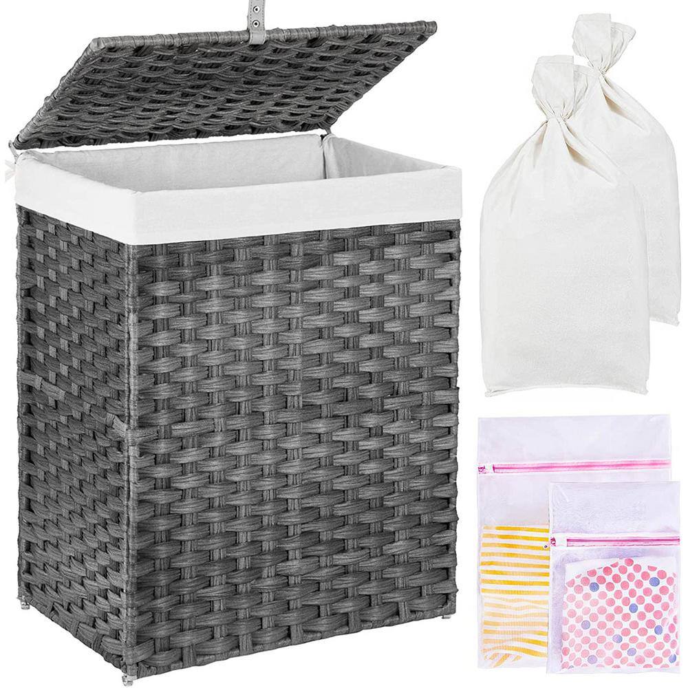 90L Rattan Laundry Basket Hamper with 2 Removable Liner Bags Gray ...