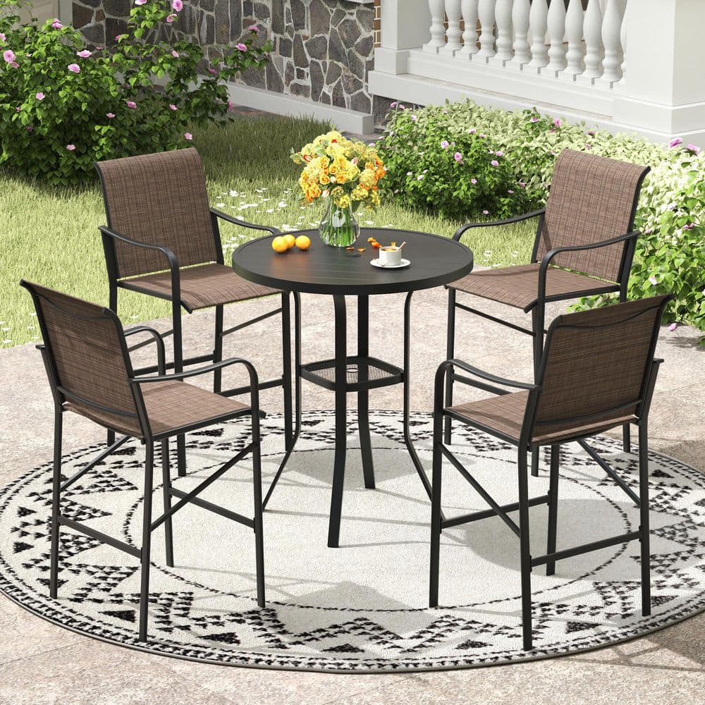 Ama pear 5-Piece Metal Outdoor Dining Set for 4, Patio Bistro Set with 35.4 in. Black Bar Table ...