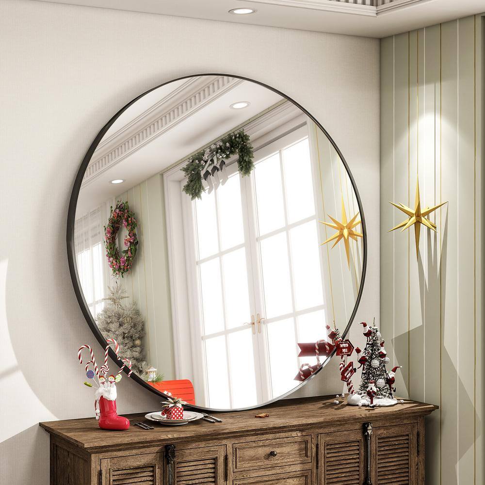 XRAMFY 36 in. W x 36 in. H Round Aluminum Alloy Framed Black Wall ...