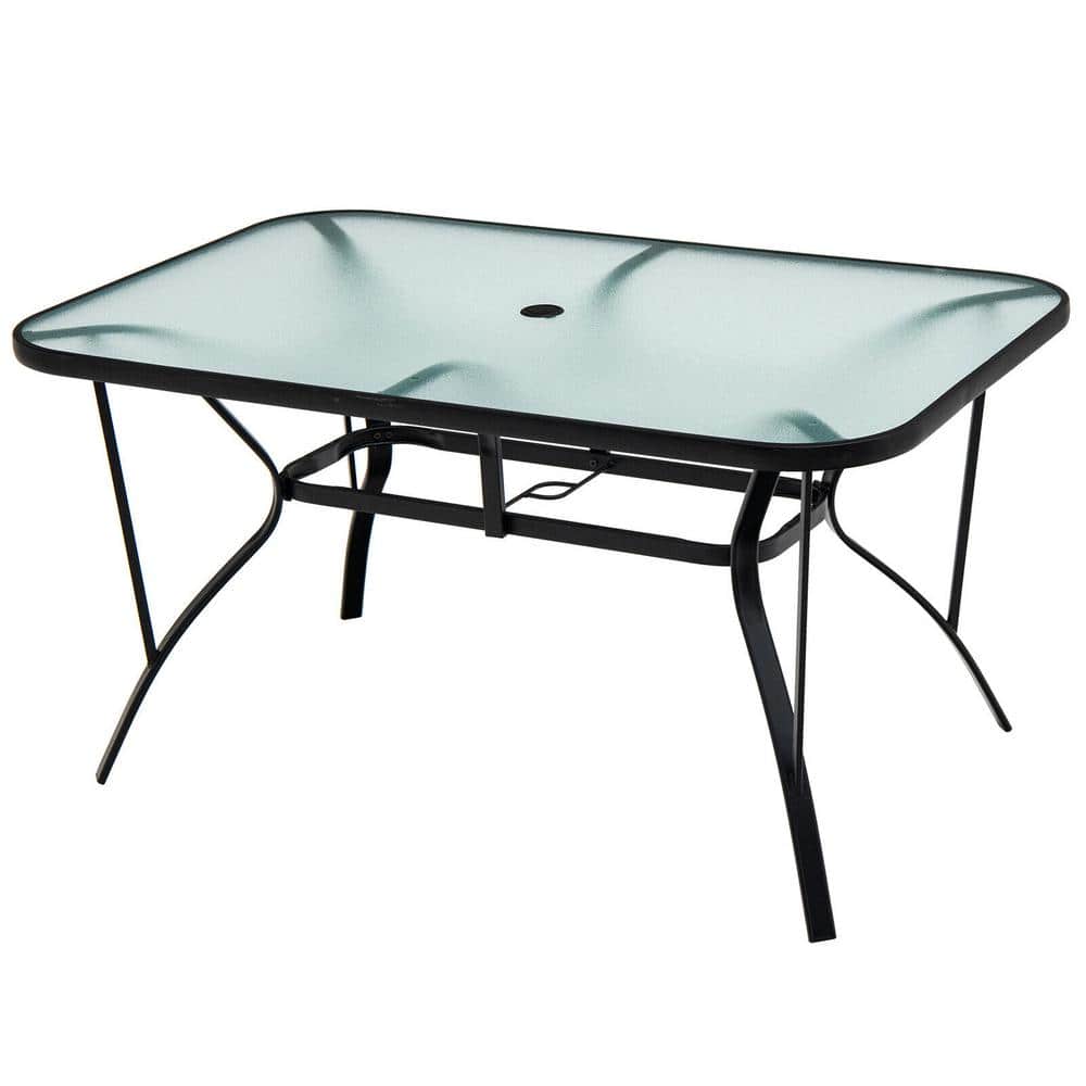 FORCLOVER Steel Rectangle Outdoor Dining Table with Umbrella Hole and ...