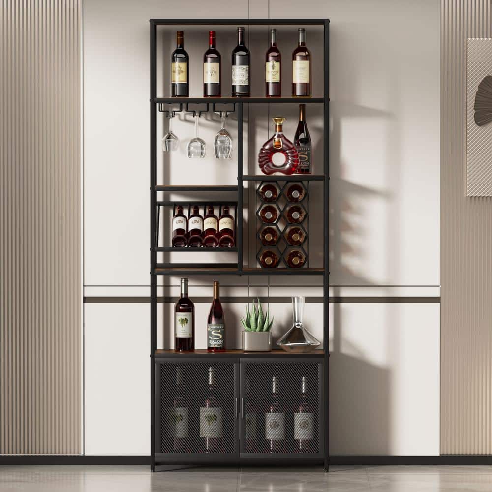 LORDEAR 82.7 in. Black 30-Bottles Freestanding Bar Wine Rack with Glass ...