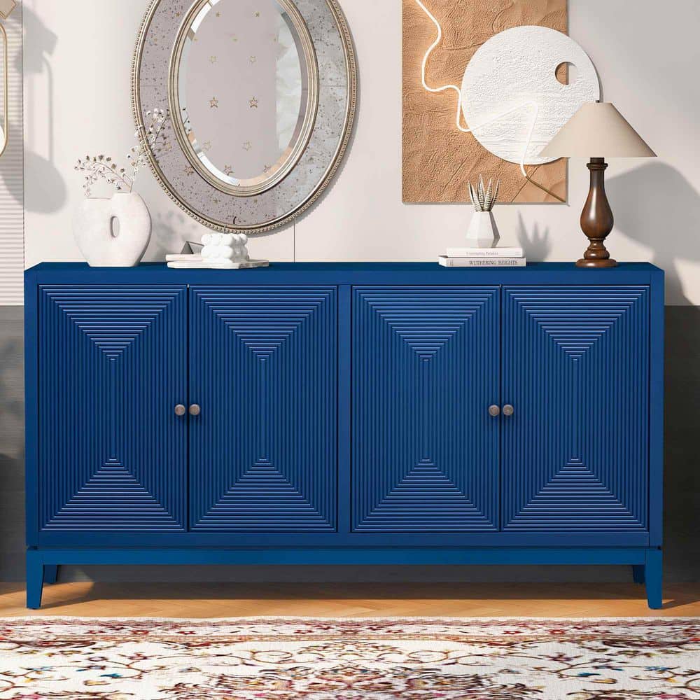 Polibi Navy Blue Wood 59.8 in. Sideboards with Vertical Line Design ...