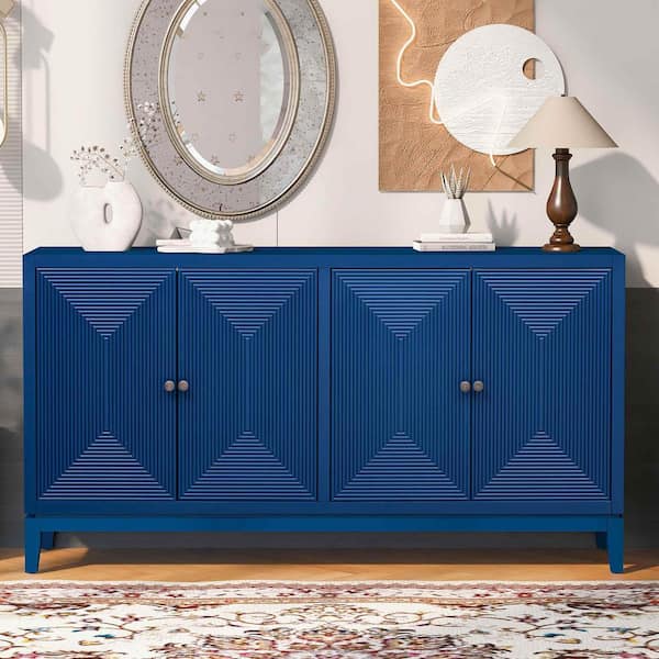 Polibi Navy Blue Wood 59.8 in. Sideboards with Vertical Line Design ...