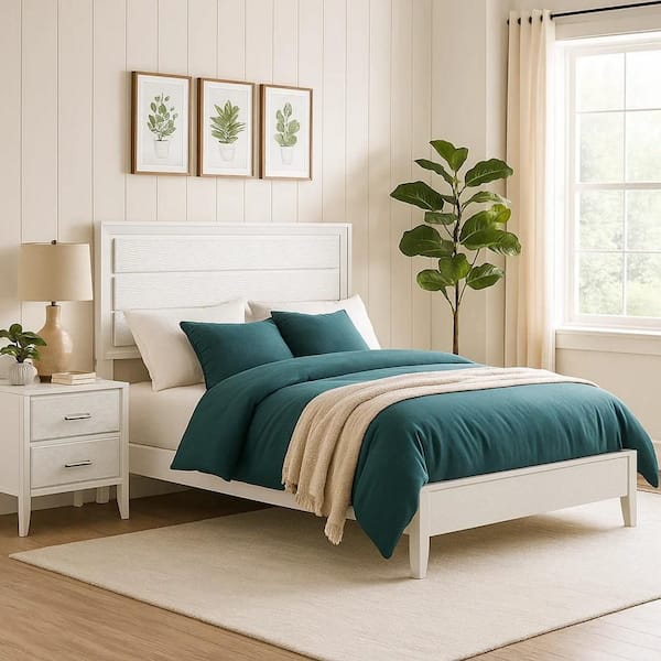 Benjara Tory White Wood Frame King Panel Bed with Mitered Corners ...