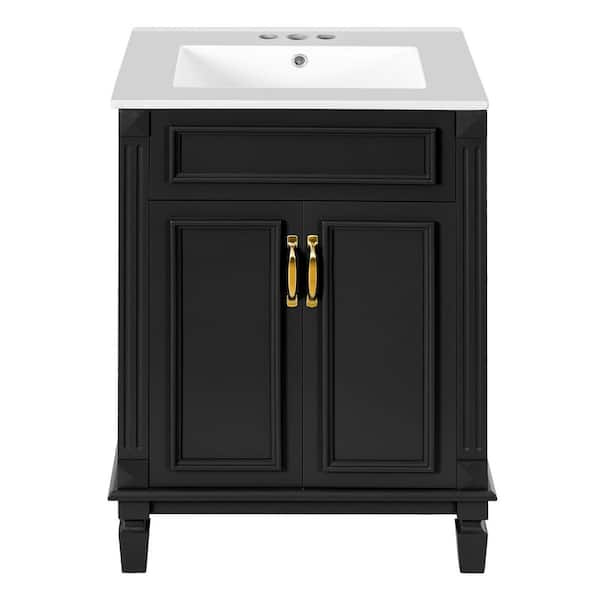 LuckByte 24 in. Black Wood Rectangle Vessel Sink Bathroom Vanity Combo ...