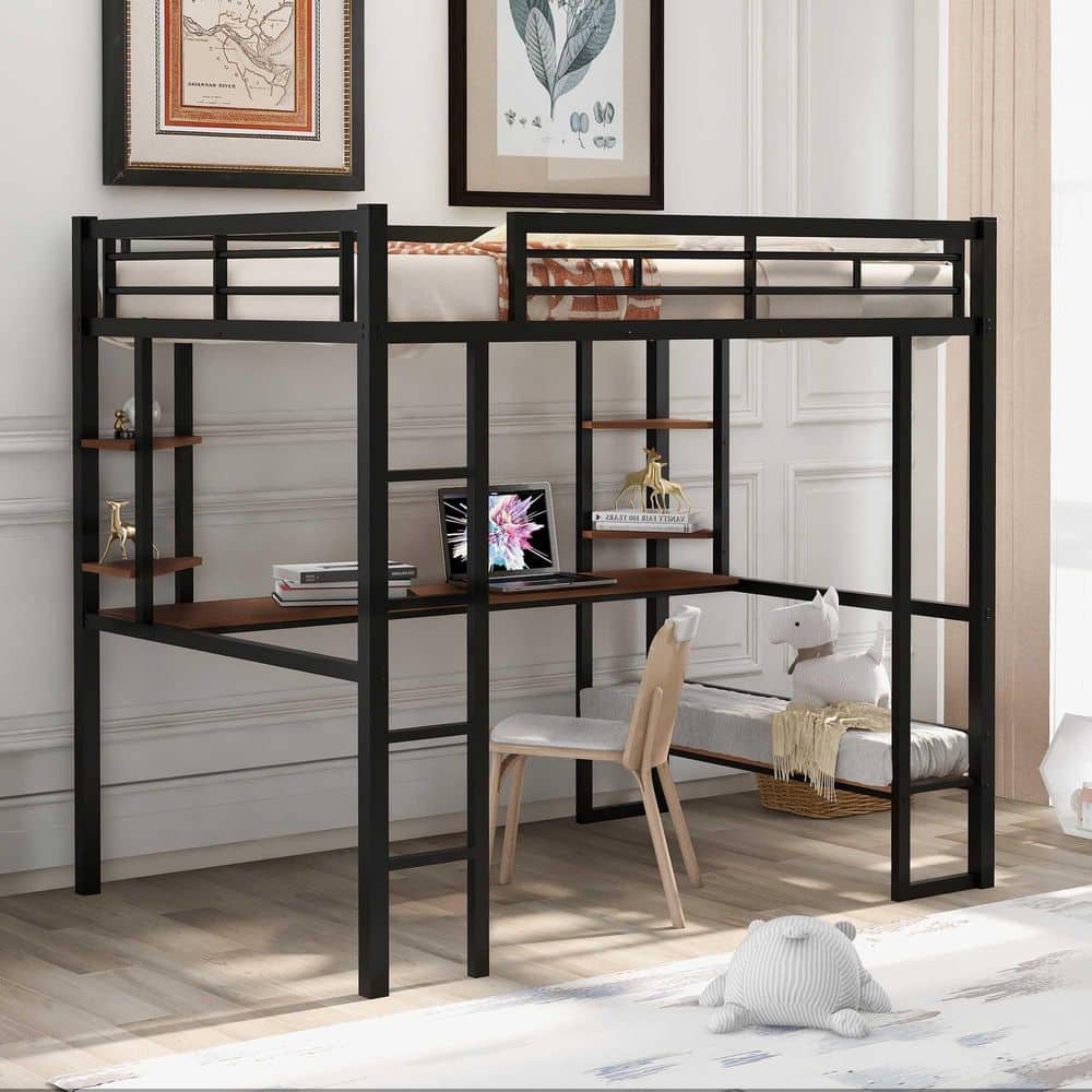 Polibi Black Full Size Loft Bed with Long Desk and Shelves RD14 ...