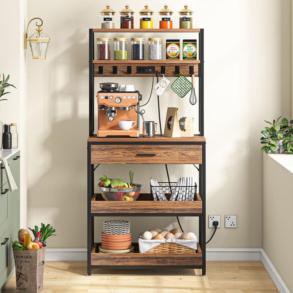 TRIBESIGNS WAY TO ORIGIN Bachel Vintage Brown 5+ Shelf Wood 31.5 in. W Baker's Rack with Power ...