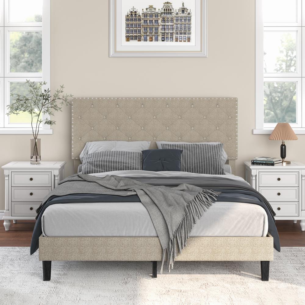 LUE BONA Beige Bed Frame Queen Platform Bed 82.9 in. W x 44.9 in. H ...