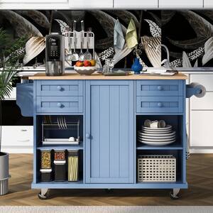 Harper & Bright Designs 52.8 in. W Blue Kitchen Cart with Rubber Wood ...