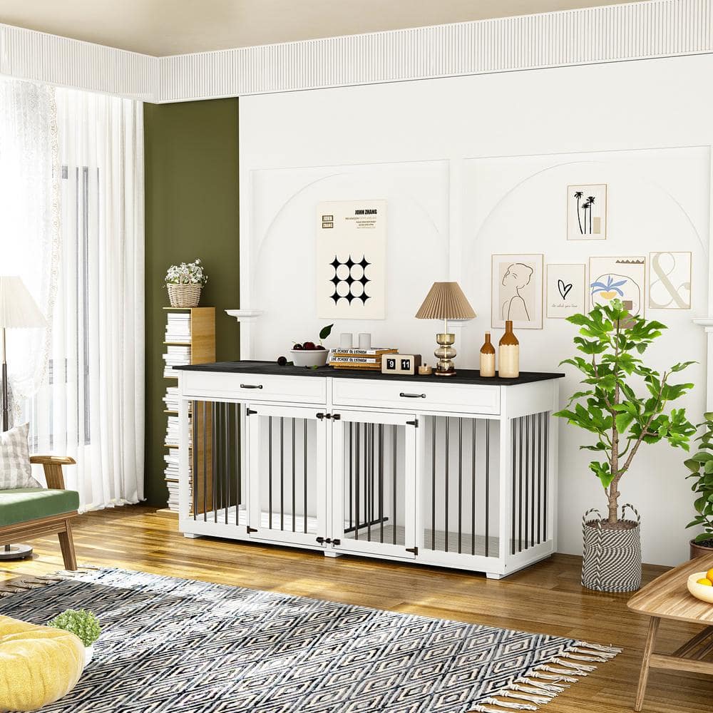 FUFU&GAGA White Furniture Style Dog Crate Large Wooden Dog Kennels with Drawers and Divider ...