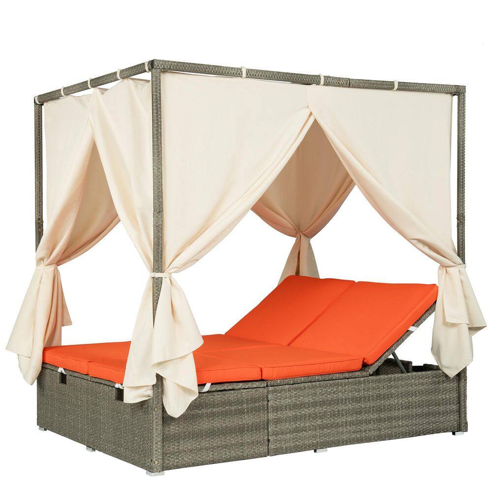 TIRAMISUBEST Gray Wicker Outdoor Day Bed with Removable Orange Cushions ...