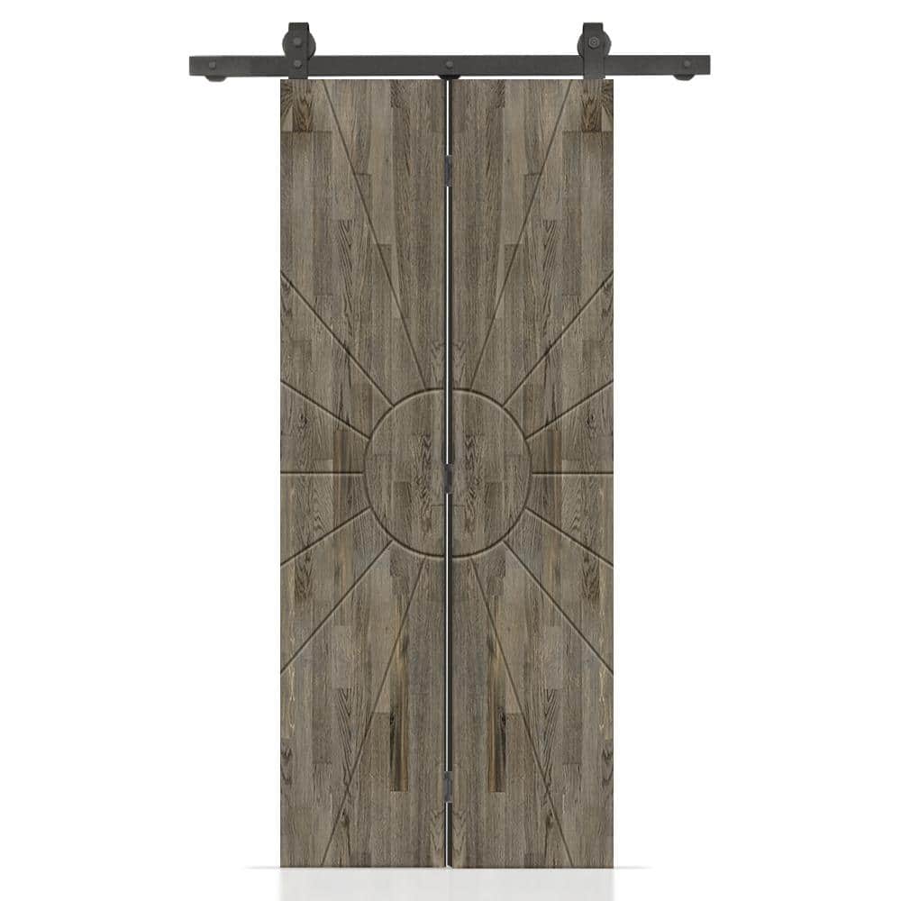 CALHOME Sun 34 in. x 84 in. Hollow Core Weather Gray Stained Pine Wood Bi-Fold Door with Sliding ...