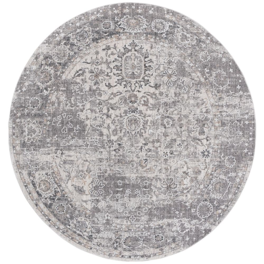 SAFAVIEH Finley 7 ft. x 7 ft. Gray/Beige Oriental Border Round Area Rug ...