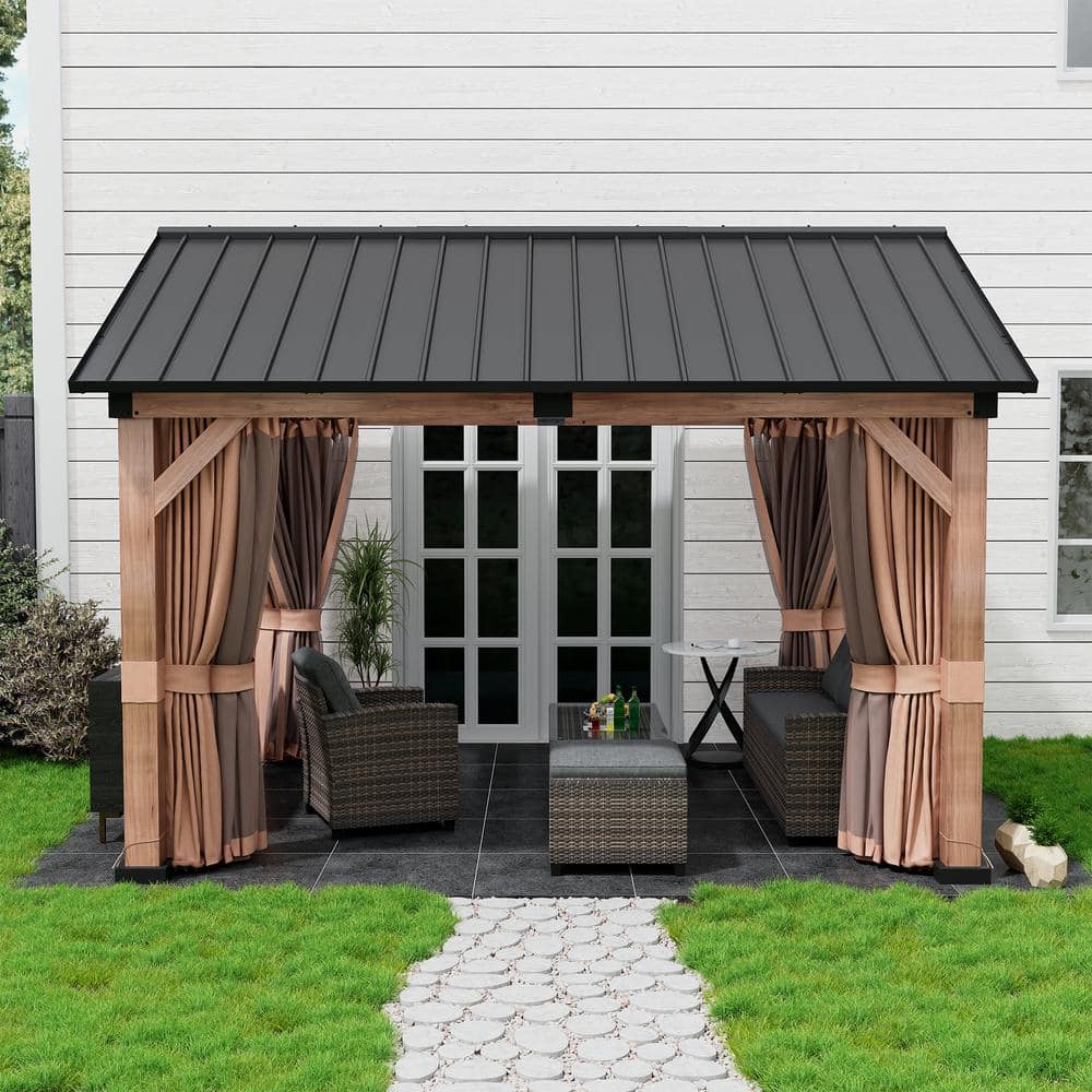 Clihome 10 ft. x 12 ft. Wood Grain Galvanized Steel Roof Gazebo with ...
