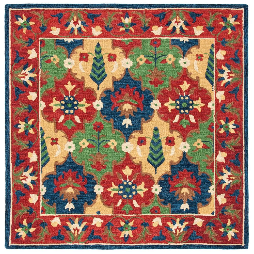 SAFAVIEH Heritage 6 ft. x 6 ft. Red/Green Border Floral Square Area Rug ...