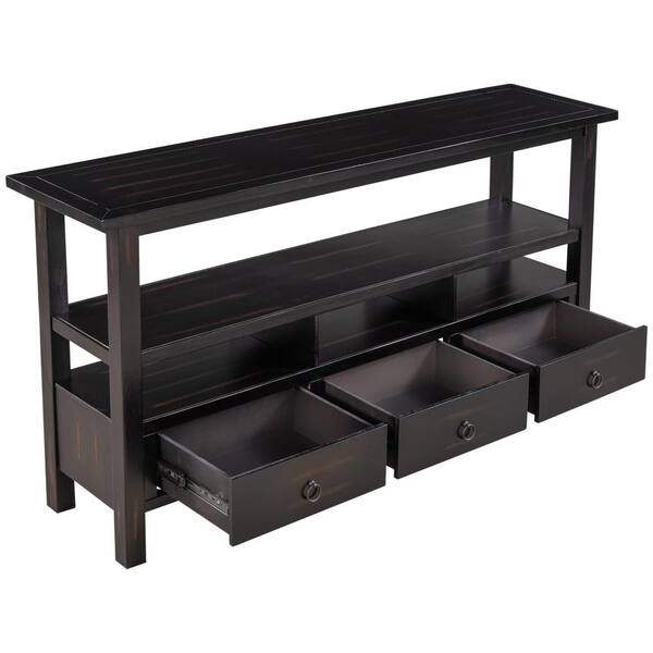 URTR Rustic 57 in.Black Rectangle Wood Console Table with Double-Story ...