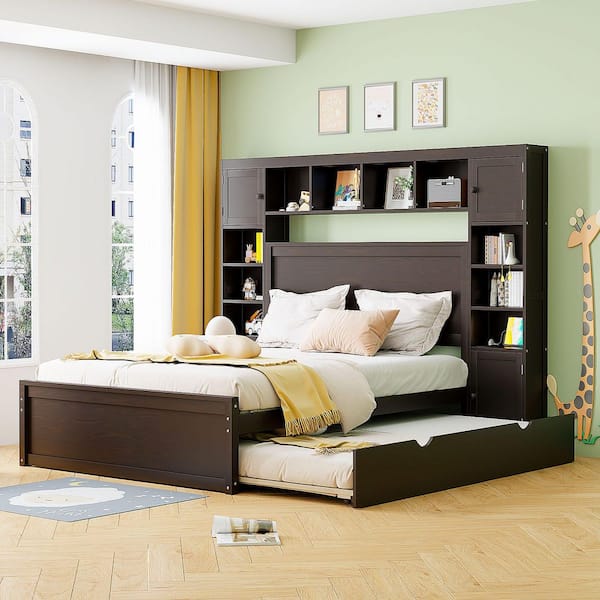 Noble House Simona Brown Wood Frame Queen Size Platform Bed with All-in-One Cabinet, Shelf ...