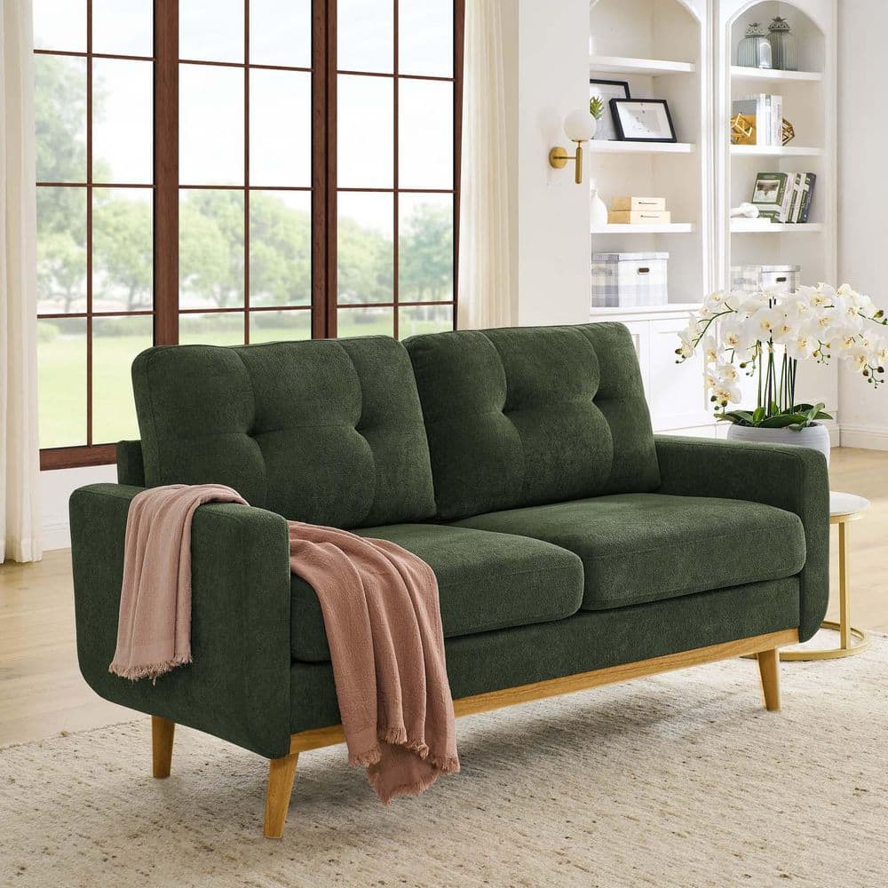 67.7 in. Wide Green Polyester Tufted Loveseat Sofa Wooden Legs ...