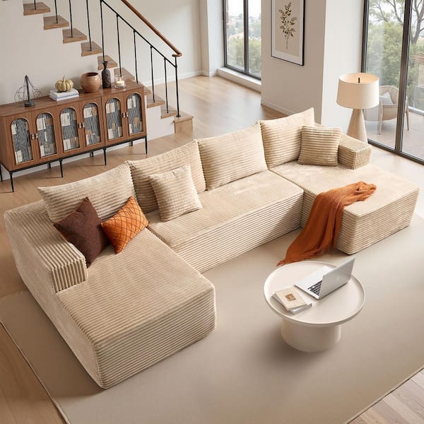 Allwex Varo 134 in. Wide Arm 3-Piece Modern Plush Corduroy U-Shape ...