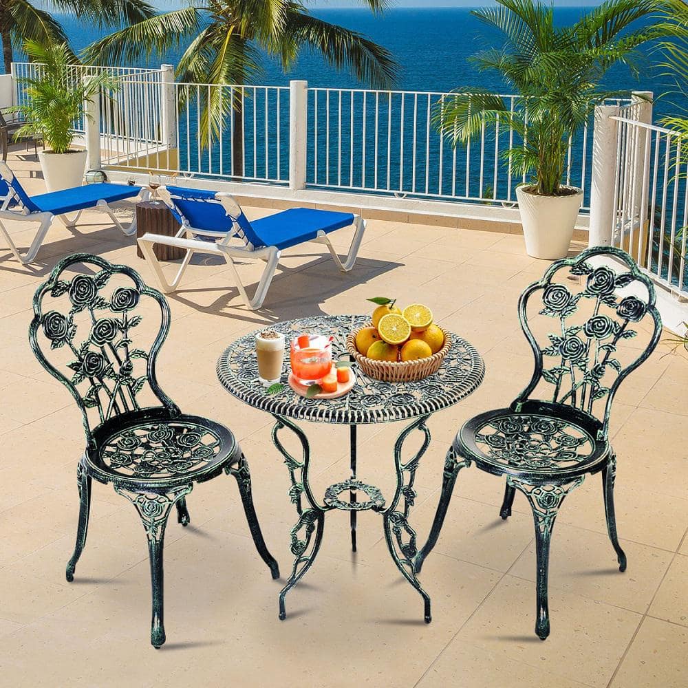 HONEY JOY Green 16 in. Rose Design 3-Piece Metal Round Outdoor Bistro ...
