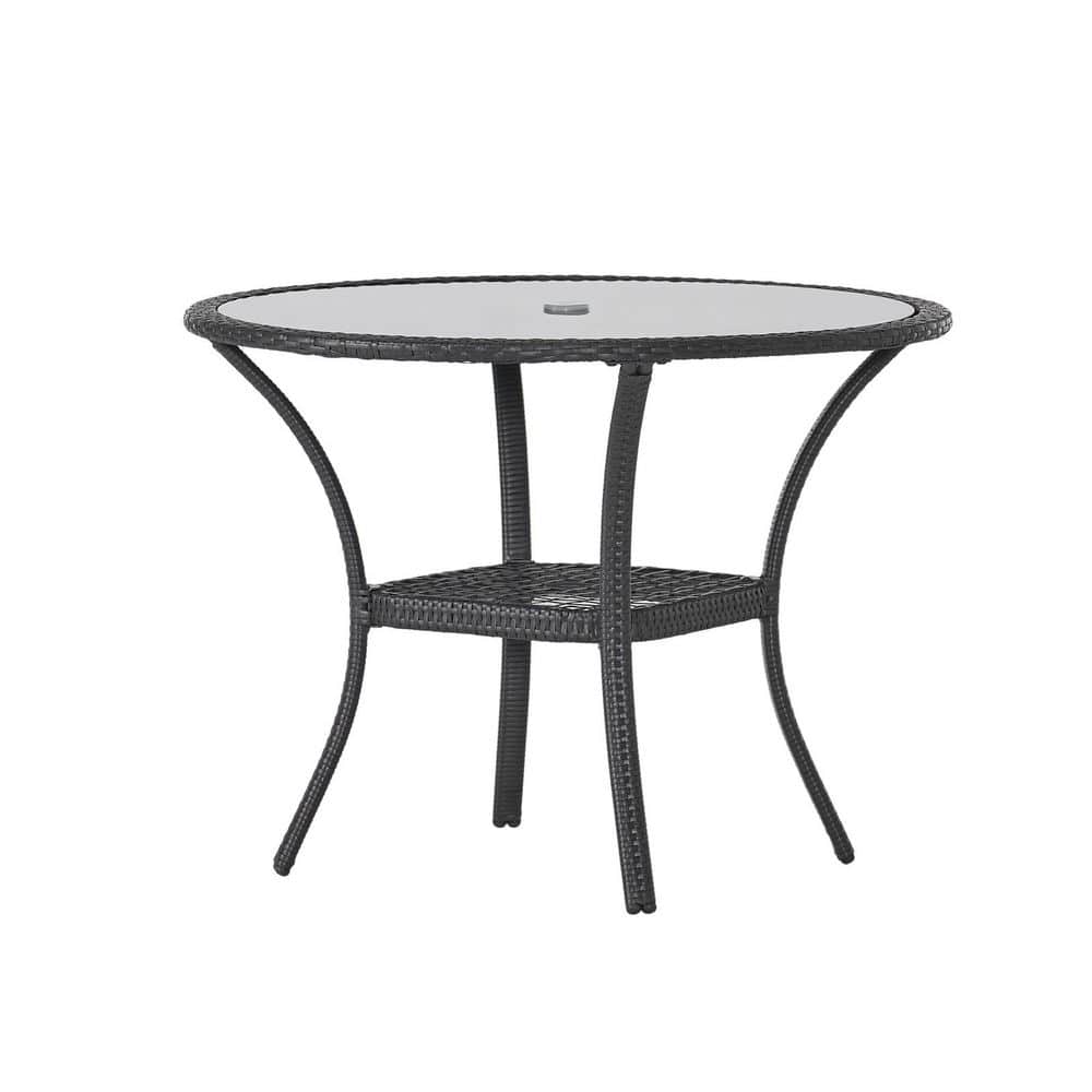 Gray Bistro Table, Iron Frame Glass Top, PE Rattan Outdoor Dining Table ...