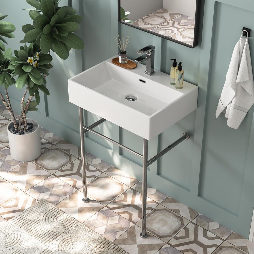 DEERVALLEY 24 in. Ceramic White Rectangular Bathroom Console Sink with Silver Legs and Overflow DV 1CS0117A The Home Depot