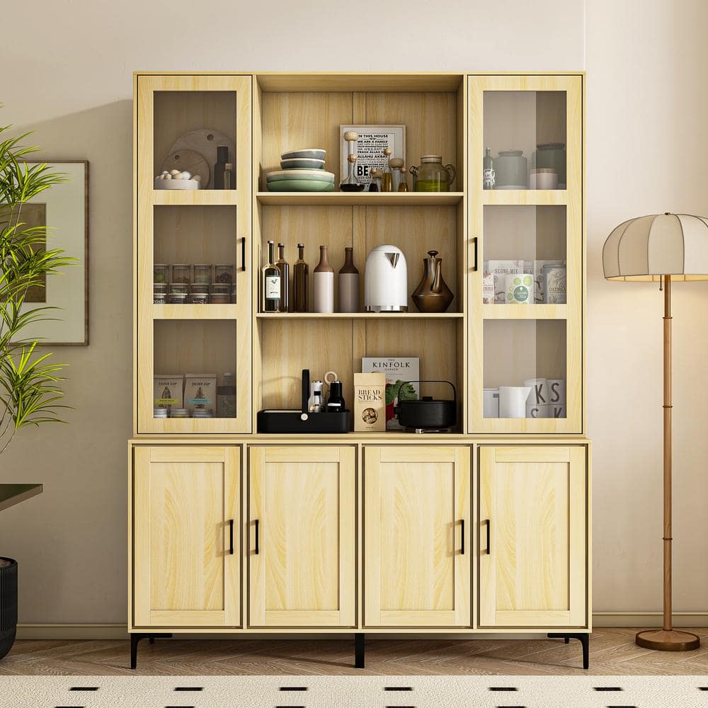 FUFU&GAGA Light Brown Wood 59 in. W Food Pantry Cabinet Kitchen Storage ...