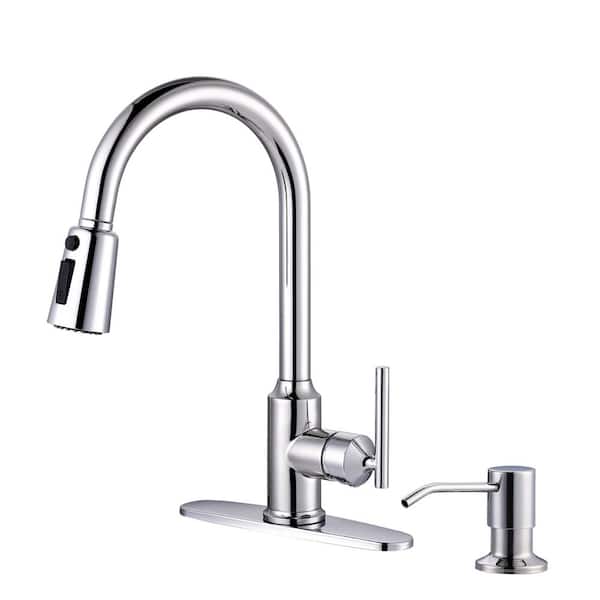 WOWOW Single Handle Pull Down Sprayer Kitchen Faucet in Chrome, Stainless Steel Kitchen Faucet ...