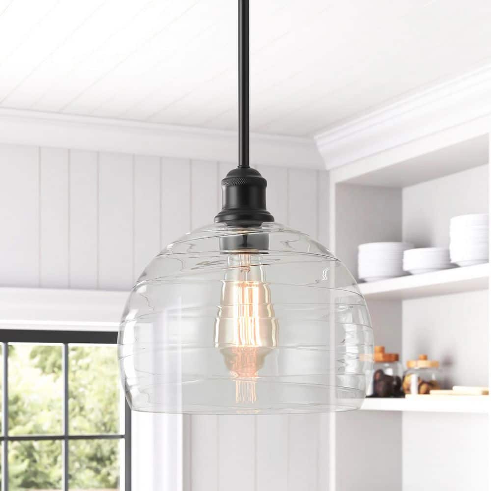 Rennnsan Chrisitne 1-Light Matte Black Modern Ribbed Clear Glass Dome ...