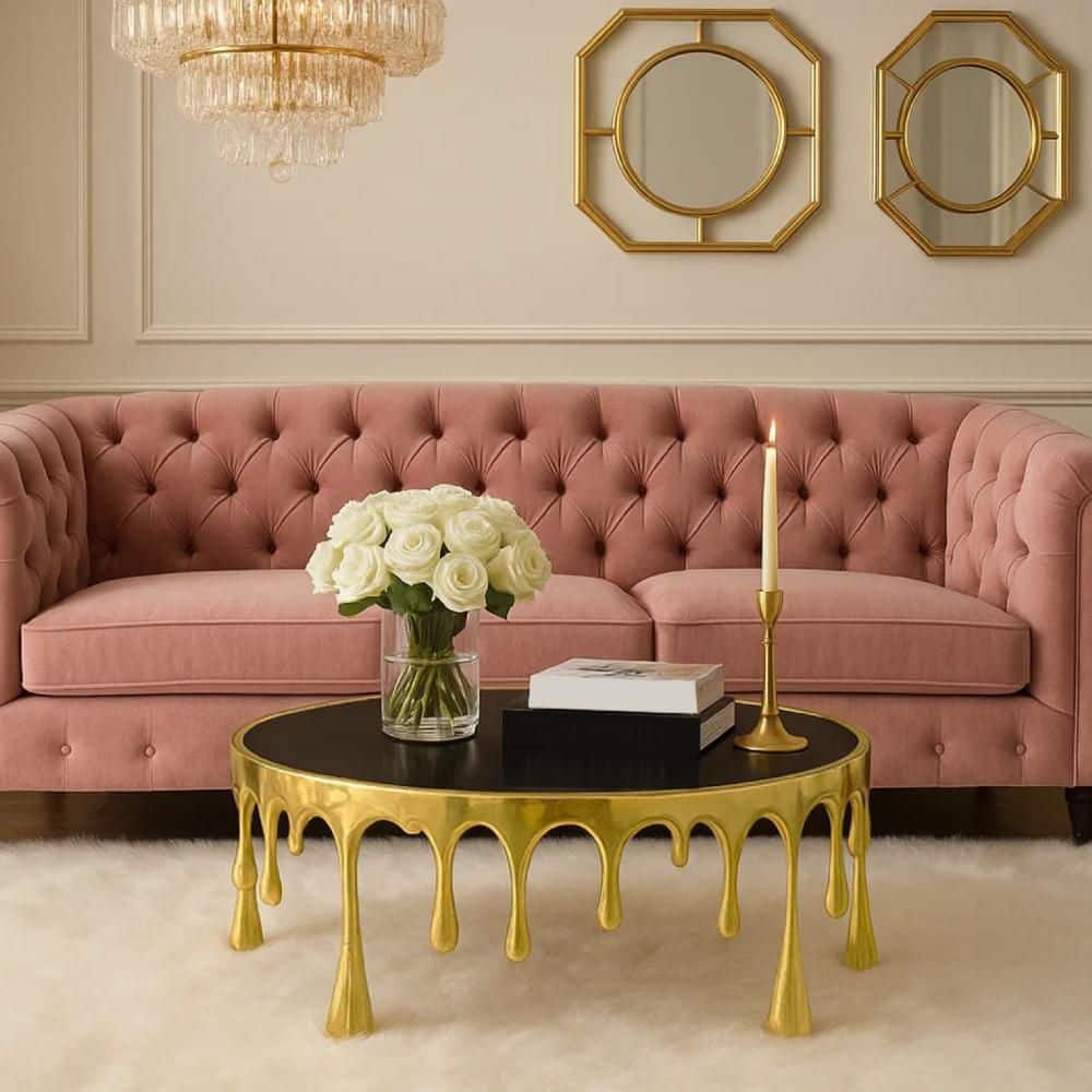 THE URBAN PORT Capri 36 in. Antique Gold and Black Round Glass Top ...