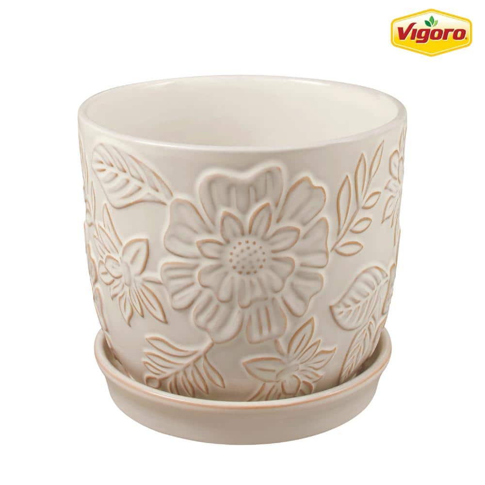 Vigoro 7.2 in. Lorelai Small White Floral Ceramic Pot (7.2 in. D x 6.3 ...