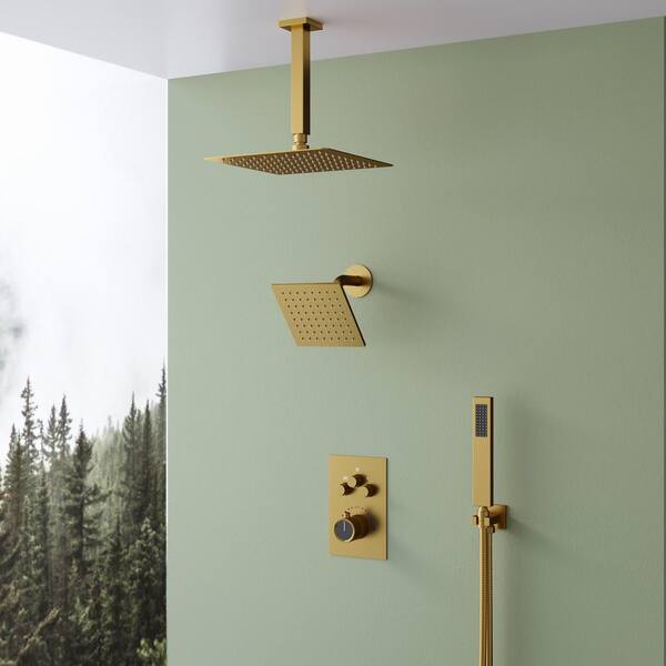 EVERSTEIN 7-Spray Patterns Thermostatic 12 in., 6 in. Ceiling Mount Fixed and Handheld Shower ...