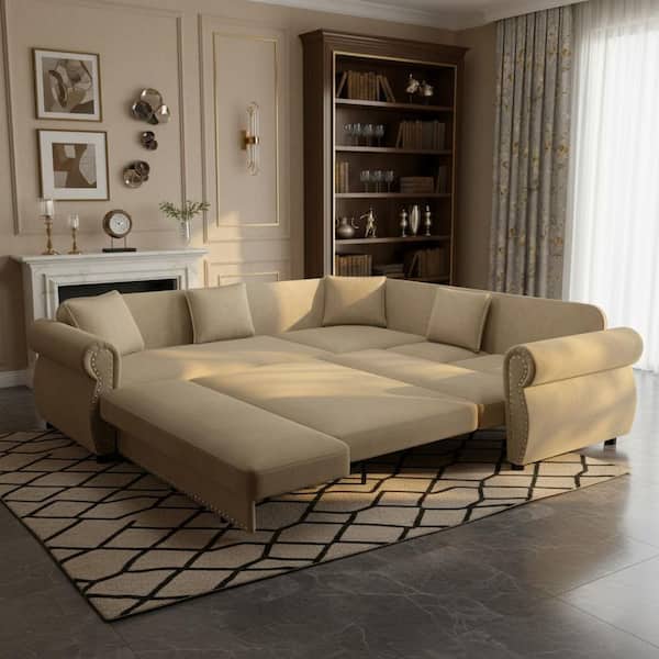 Homy Casa HULU 88.2 in. L-Shaped Chenille Sectional Sofa with Queen Sleeper and Rolled Arms in ...