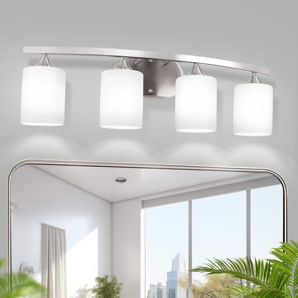YANSUN 28 in. 4-Light Nickel Modern Cylinder Vanity Light for Bathroom ...