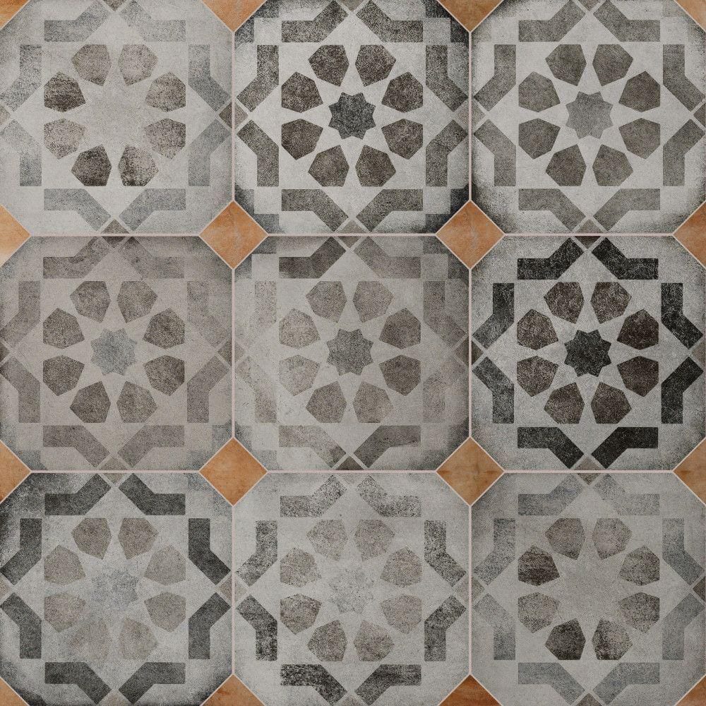 Merola Tile Laverton Octagon Deco Sombra with Taco Natural 8 in. x 8 in. Porcelain Floor and ...