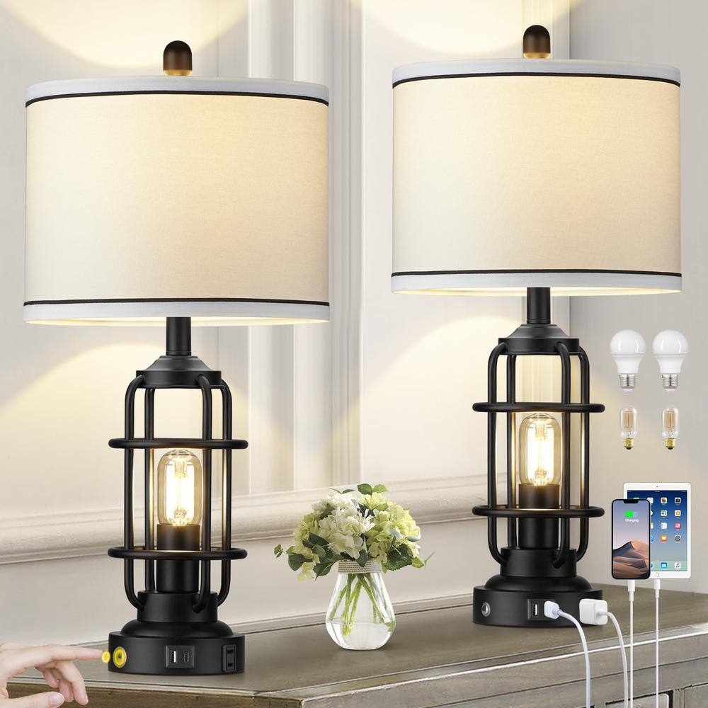 Cinkeda Teasia 26 in. Black Metal Table Lamp Set with USB, Type-C ...