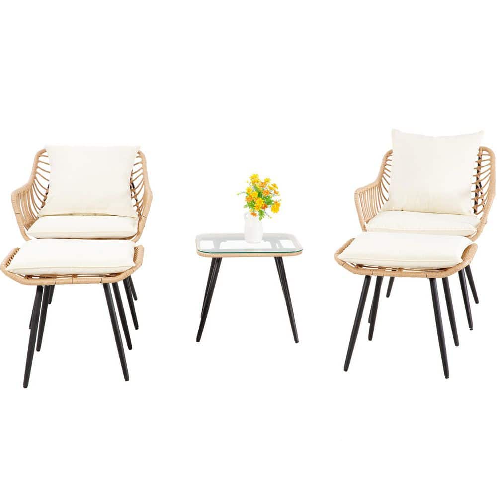 5-Piece Wicker Outdoor Bistro Set with Dual-Use Ottomans-Yellow PE Rattan Frame, Beige Cushions ...