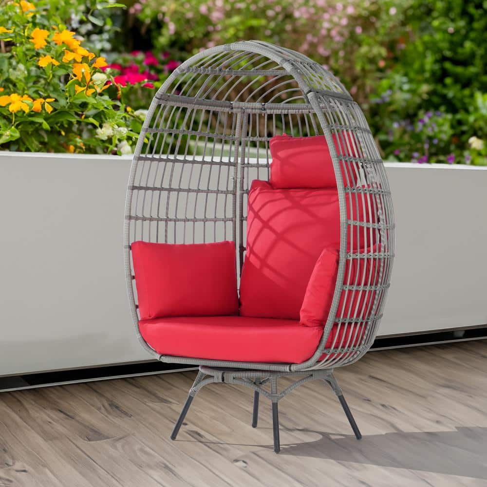 BFB Oversized Patio Gray Wicker Swivel Egg Chair, Indoor Outdoor Rattan ...