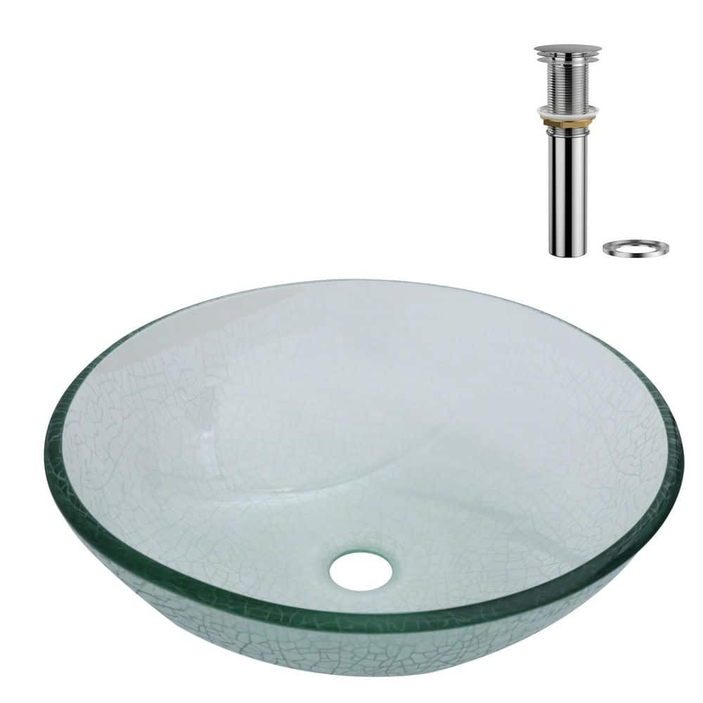 Logmey 16-1/2 in. Clear Crackle Glass Round Vessel Bathroom Sink with ...