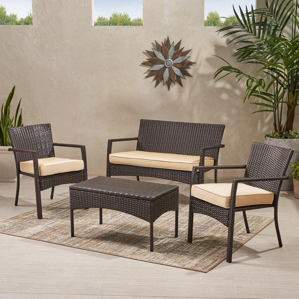 Zeus & Ruta 4-Piece Brown Wicker Outdoor Patio Conversation Set Chaise ...
