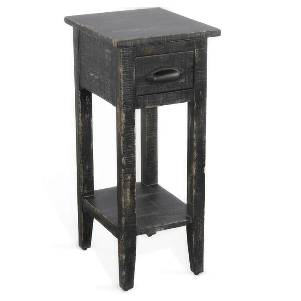 Benjara 14 in. Black Rectangle Wood End Table with Drawer and Shelf ...
