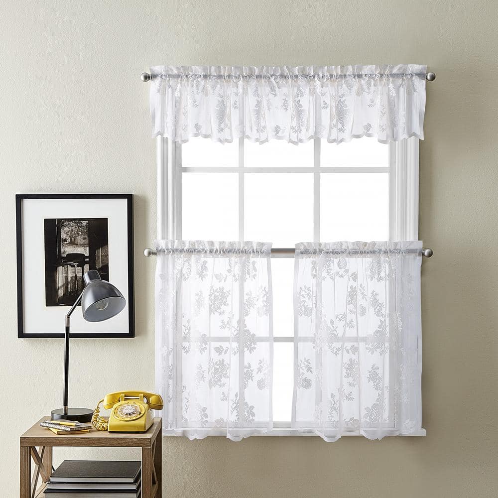 Curtainworks Silbella Lace White 28 in. W x 36 in. L Window Curtain ...