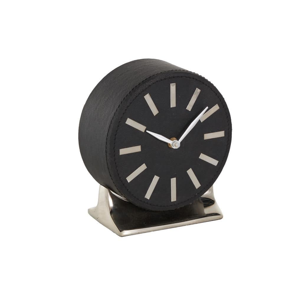 Litton Lane Black Faux Leather Round Clock with Silver Rectangular Base ...