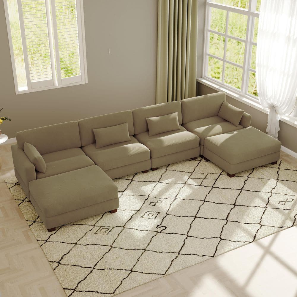 Uixe 160 in. Square Arm 6-Piece Corduroy Upholstered U-Shaped Sectional ...