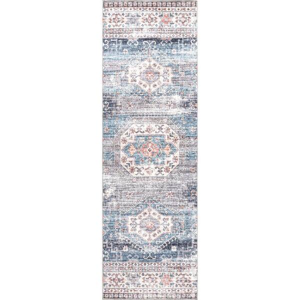 nuLOOM Drina Distressed Machine Washable Blue 3 ft. x 8 ft. Runner Rug ...