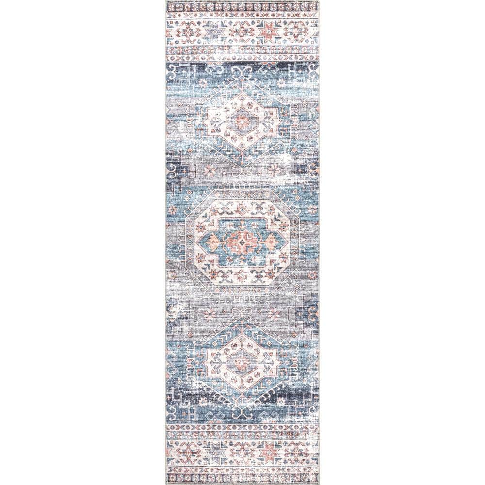 nuLOOM Blue 3 ft. x 8 ft. Drina Distressed Machine Washable Runner Rug ...